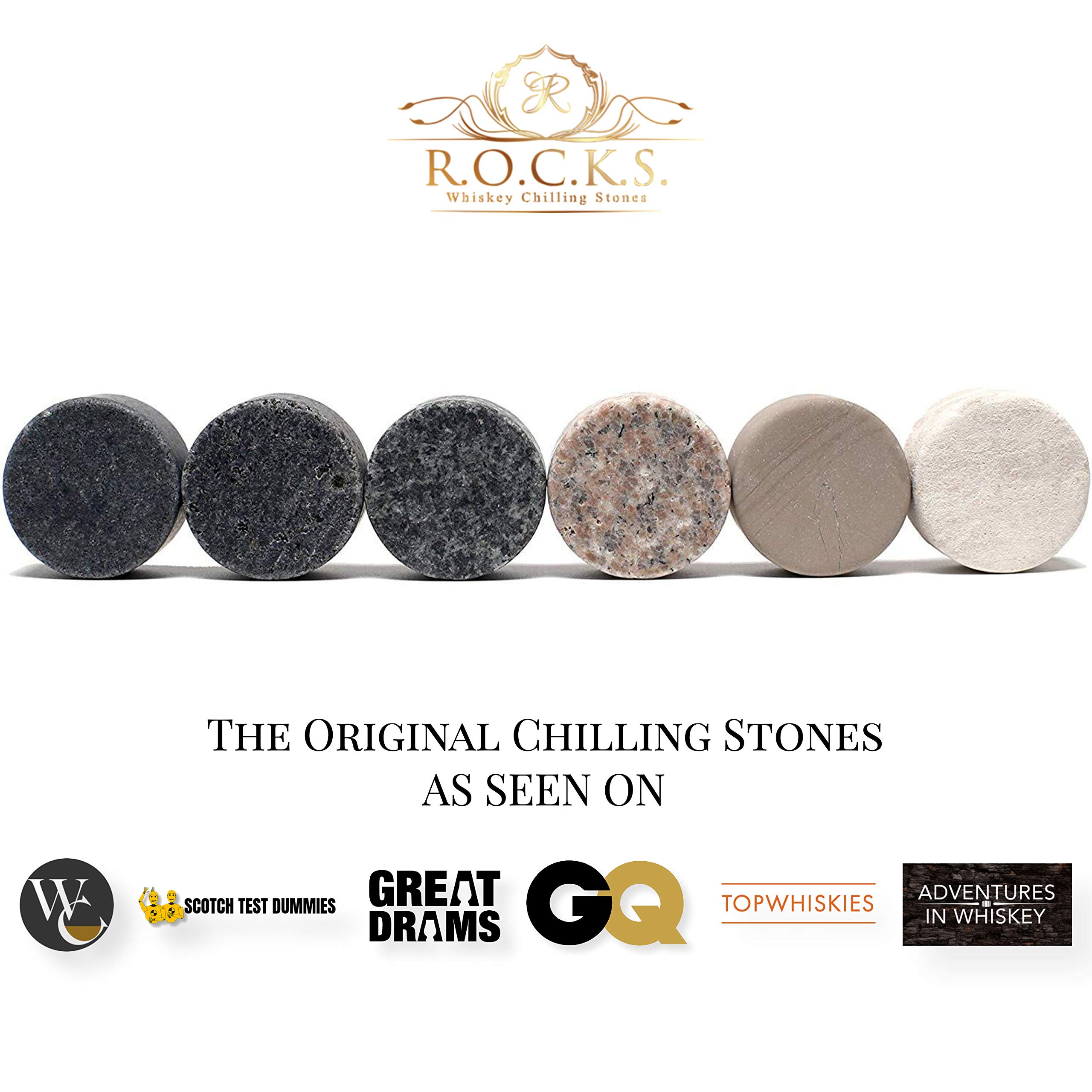 Whiskey Chilling Stones Gift Set - 6 Handcrafted Premium Granite Round Sipping Rocks - 2 Crystal Superior Glasses - Hardwood Presentation & Storage Tray - Elegant Gold Foil Gift Box by R.O.C.K.S.