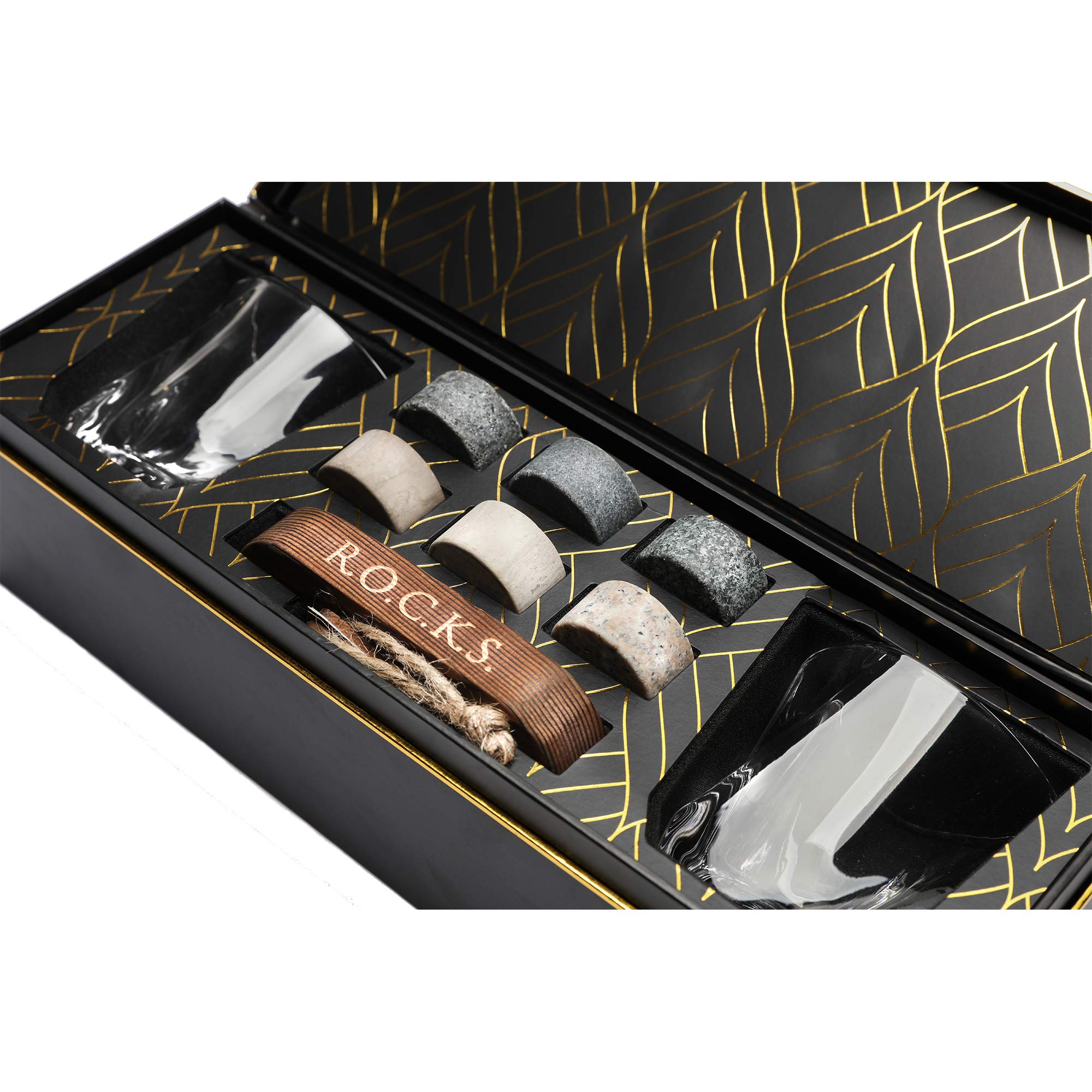 Whiskey Chilling Stones Gift Set - 6 Handcrafted Premium Granite Round Sipping Rocks - 2 Crystal Superior Glasses - Hardwood Presentation & Storage Tray - Elegant Gold Foil Gift Box by R.O.C.K.S.