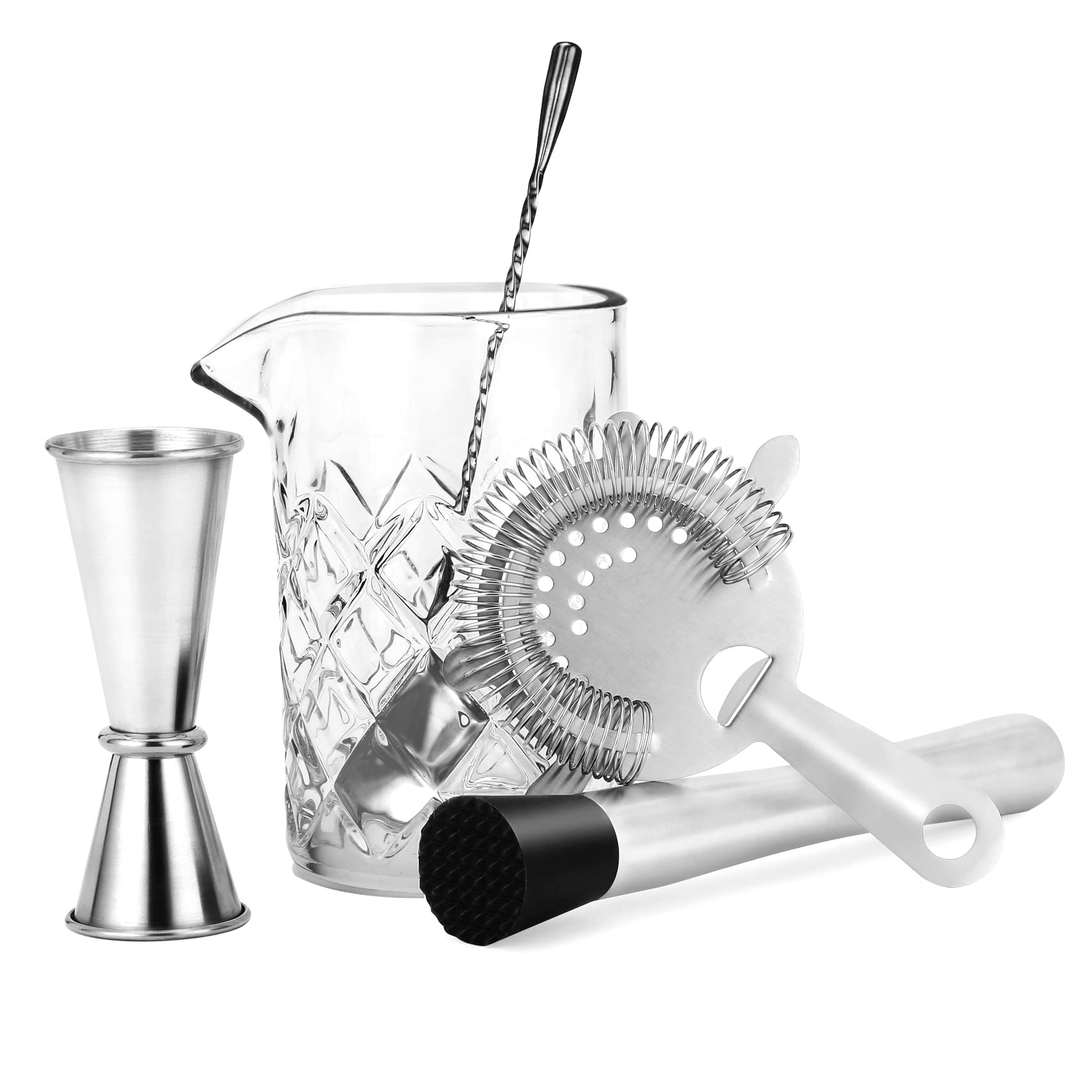 JNWINOG 5PCS Crystal Cocktail Mixing Glass Set 18.6oz Bartender kit Cocktail Mixing Set Glass with Spoon, 1/2oz Jigger, Strainer and Muddler for Home Bar Party