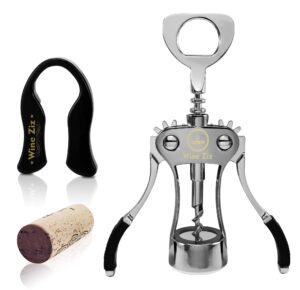 wine ziz large silver wing corkscrew bottle opener with foil cutter | sturdy metal wine cork screw | built-in beer cap openers accessories | best housewarming kitchen gift for women and men