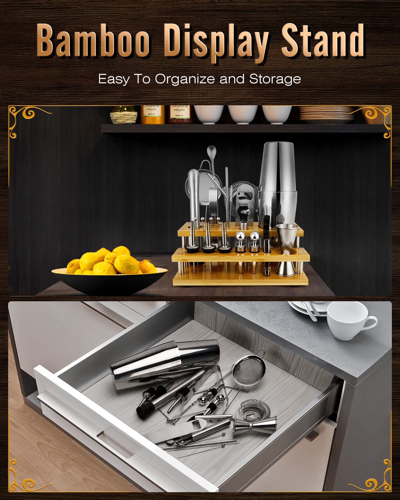 Cocktail Shakers Set Complete 24-Piece Bartender Kit Silver with Bar Tool Stand and Barware Tools Set for Home Bartending: Includes Boston Shaker, Jigger, Strainer, Mixer Spoon, Muddler, and More