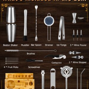 Cocktail Shakers Set Complete 24-Piece Bartender Kit Silver with Bar Tool Stand and Barware Tools Set for Home Bartending: Includes Boston Shaker, Jigger, Strainer, Mixer Spoon, Muddler, and More