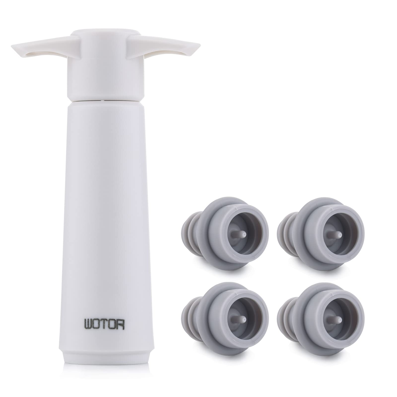 WOTOR Wine Saver Pump with 4 Vacuum Stoppers, Wine Stopper, Wine Preserver, Reusable Bottle Sealer Keeps Wine Fresh, White (Wine Pump + 4 stoppers)