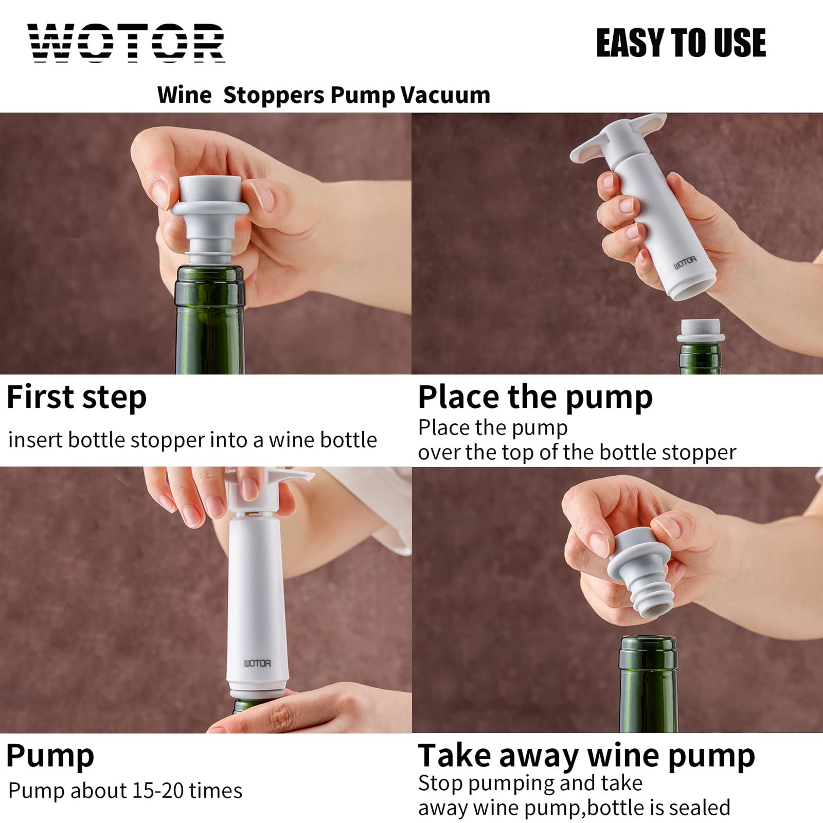 WOTOR Wine Saver Pump with 4 Vacuum Stoppers, Wine Stopper, Wine Preserver, Reusable Bottle Sealer Keeps Wine Fresh, White (Wine Pump + 4 stoppers)