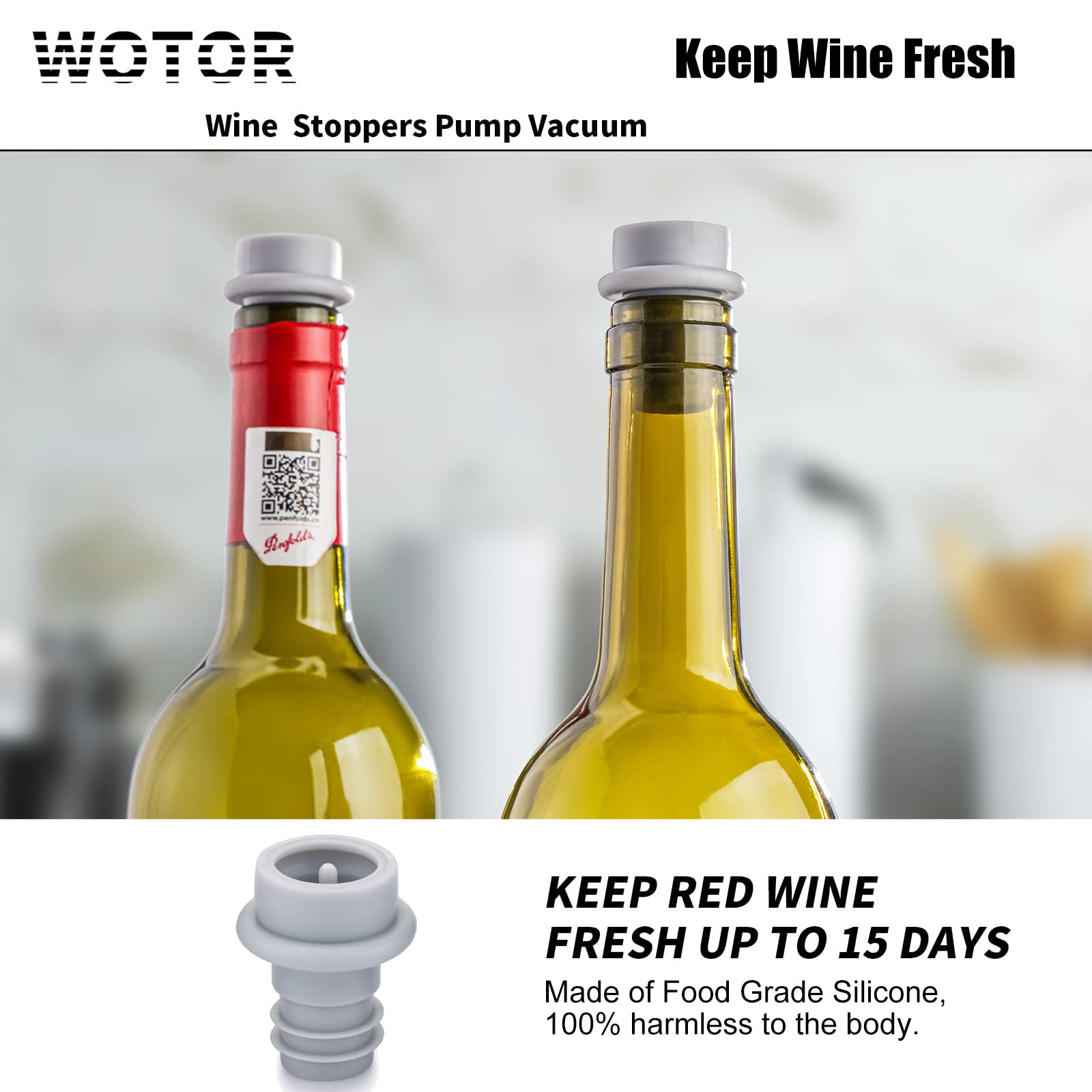 WOTOR Wine Saver Pump with 4 Vacuum Stoppers, Wine Stopper, Wine Preserver, Reusable Bottle Sealer Keeps Wine Fresh, White (Wine Pump + 4 stoppers)