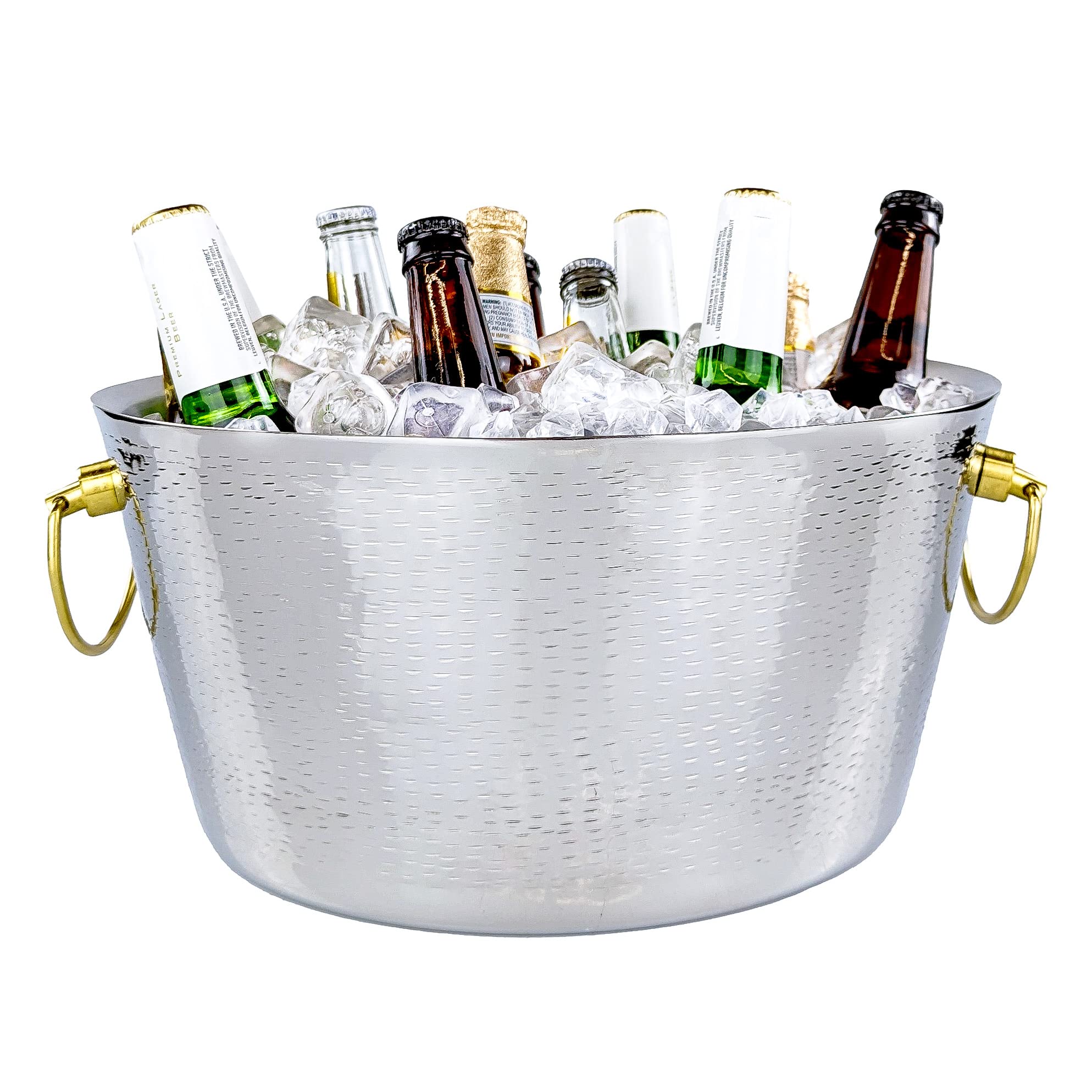 Insulated Metal Ice Bucket for Parties & Gifts- Double-Walled Hammered Stainless Steel Anchored Beverage Tub/Ice Bucket for Parties, Weddings, with Double-Hinged Gold Handles