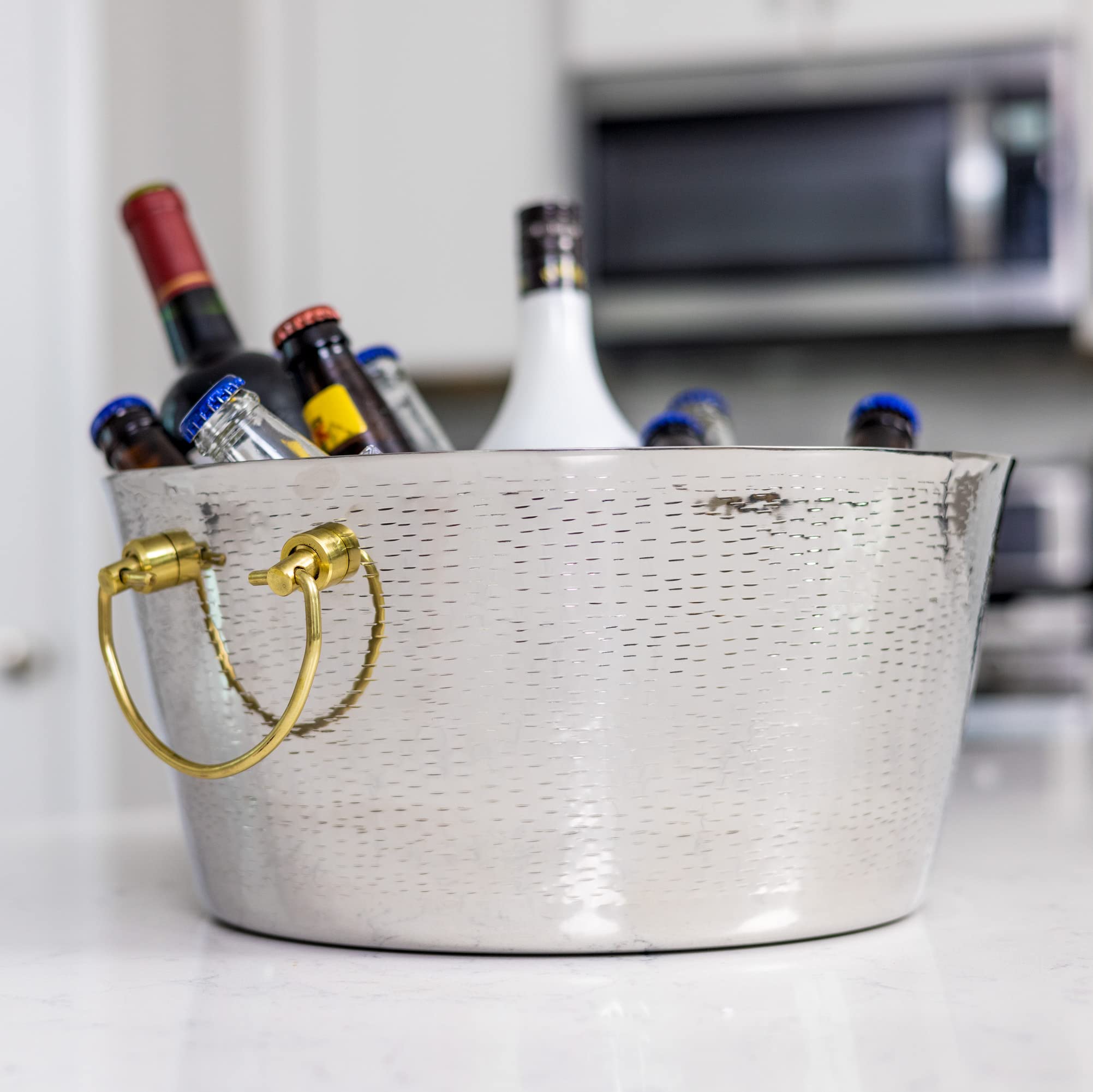 Insulated Metal Ice Bucket for Parties & Gifts- Double-Walled Hammered Stainless Steel Anchored Beverage Tub/Ice Bucket for Parties, Weddings, with Double-Hinged Gold Handles