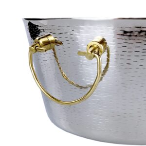 Insulated Metal Ice Bucket for Parties & Gifts- Double-Walled Hammered Stainless Steel Anchored Beverage Tub/Ice Bucket for Parties, Weddings, with Double-Hinged Gold Handles