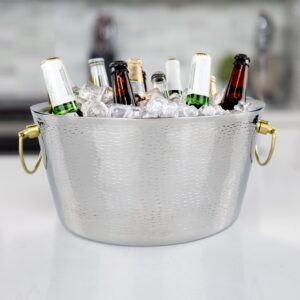 Insulated Metal Ice Bucket for Parties & Gifts- Double-Walled Hammered Stainless Steel Anchored Beverage Tub/Ice Bucket for Parties, Weddings, with Double-Hinged Gold Handles