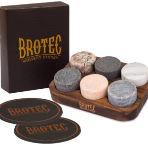 Whiskey Stones Gift Set - 6 Granite Round Beverage Chilling Drinking Stones Whiskey Rocks with 2 Extra Whisky Glasses Coasters - Premium Sipping Rocks in Elegant Wooden Storage Tray - Bar Accessories