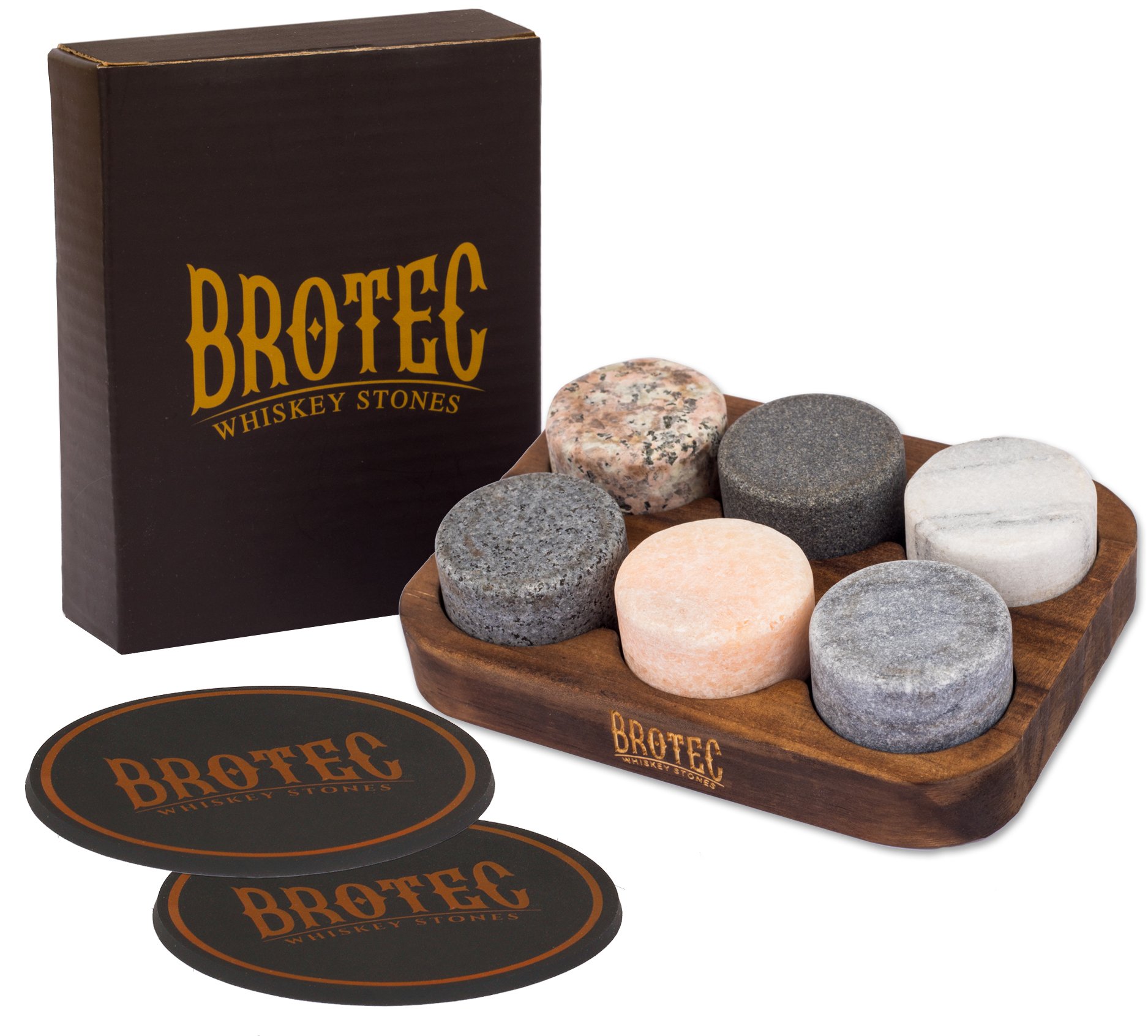 Whiskey Stones Gift Set - 6 Granite Round Beverage Chilling Drinking Stones Whiskey Rocks with 2 Extra Whisky Glasses Coasters - Premium Sipping Rocks in Elegant Wooden Storage Tray - Bar Accessories