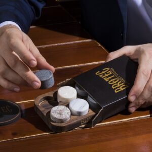 Whiskey Stones Gift Set - 6 Granite Round Beverage Chilling Drinking Stones Whiskey Rocks with 2 Extra Whisky Glasses Coasters - Premium Sipping Rocks in Elegant Wooden Storage Tray - Bar Accessories