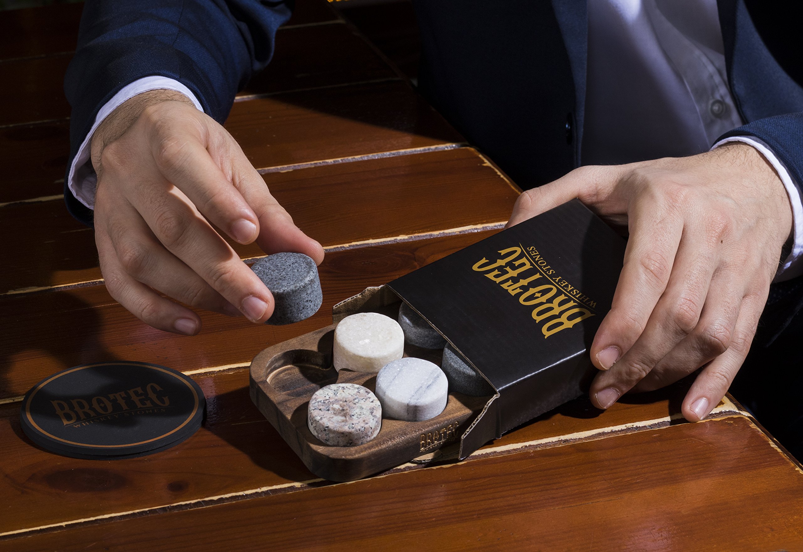 Whiskey Stones Gift Set - 6 Granite Round Beverage Chilling Drinking Stones Whiskey Rocks with 2 Extra Whisky Glasses Coasters - Premium Sipping Rocks in Elegant Wooden Storage Tray - Bar Accessories