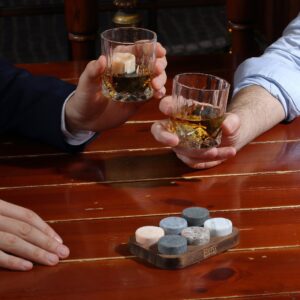 Whiskey Stones Gift Set - 6 Granite Round Beverage Chilling Drinking Stones Whiskey Rocks with 2 Extra Whisky Glasses Coasters - Premium Sipping Rocks in Elegant Wooden Storage Tray - Bar Accessories