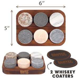 Whiskey Stones Gift Set - 6 Granite Round Beverage Chilling Drinking Stones Whiskey Rocks with 2 Extra Whisky Glasses Coasters - Premium Sipping Rocks in Elegant Wooden Storage Tray - Bar Accessories