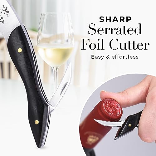 Zulay Wine Opener - Professional Corkscrew Wine Opener with Foil Cutter & Cap Remover - Double Hinged Wine Bottle Opener - Manual Wine Key for Servers, Waiters, Bartenders & Home Use - Ebony