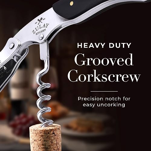 Zulay Wine Opener - Professional Corkscrew Wine Opener with Foil Cutter & Cap Remover - Double Hinged Wine Bottle Opener - Manual Wine Key for Servers, Waiters, Bartenders & Home Use - Ebony