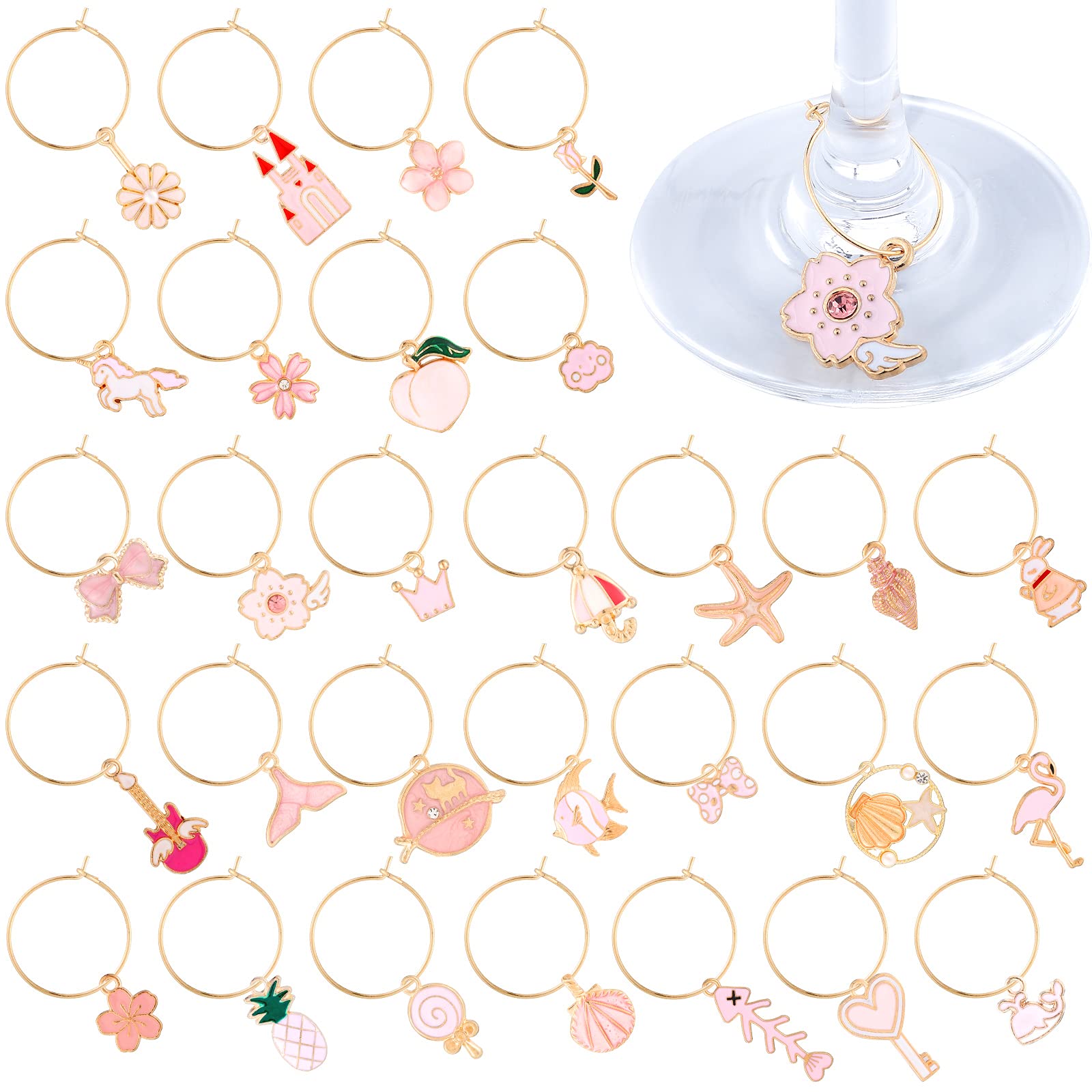 Hicarer 31 Pieces Wine Glass Charms Summer Wine Markers Rings Set Including 31 Mixed Enamel Champagne Stem Glass Charms and 31 Golden Wine Rings for Funny Bachelorette Tasting Wedding Party Favors