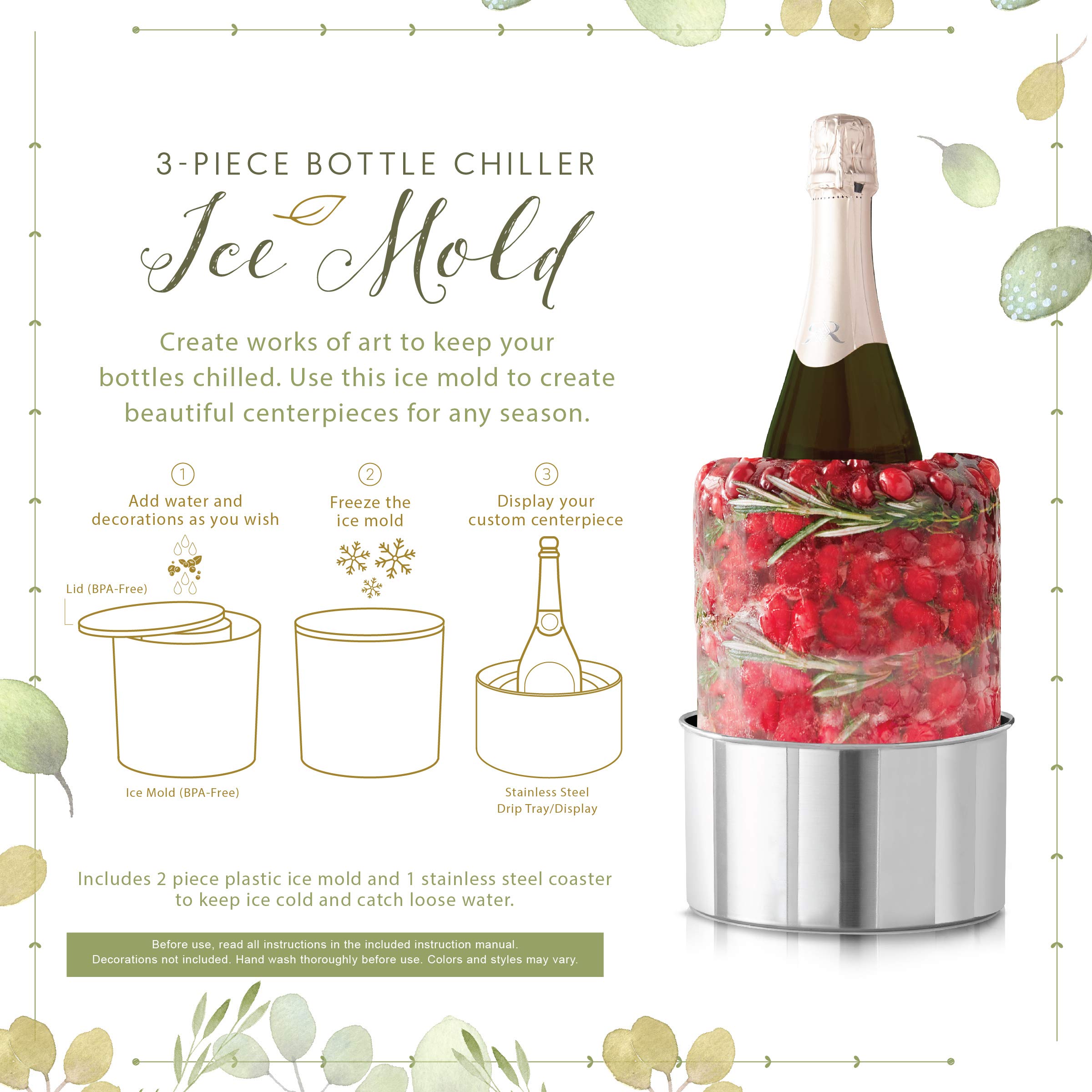 Laura Ashley Champagne Bucket Ice Mold, Create a Custom Ice Bucket for Wine or Liquor Bottles, Includes Stainless Steel Drip Tray, Add Decorations for a Unique Centerpiece