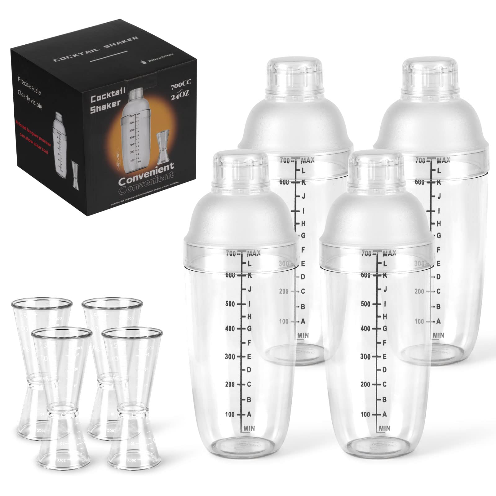 Plastic Cocktail Shaker 4 Pack 24oz Drink Mixer Gift Boxed With 4 Pack Ounce Cup Clear Bar Set