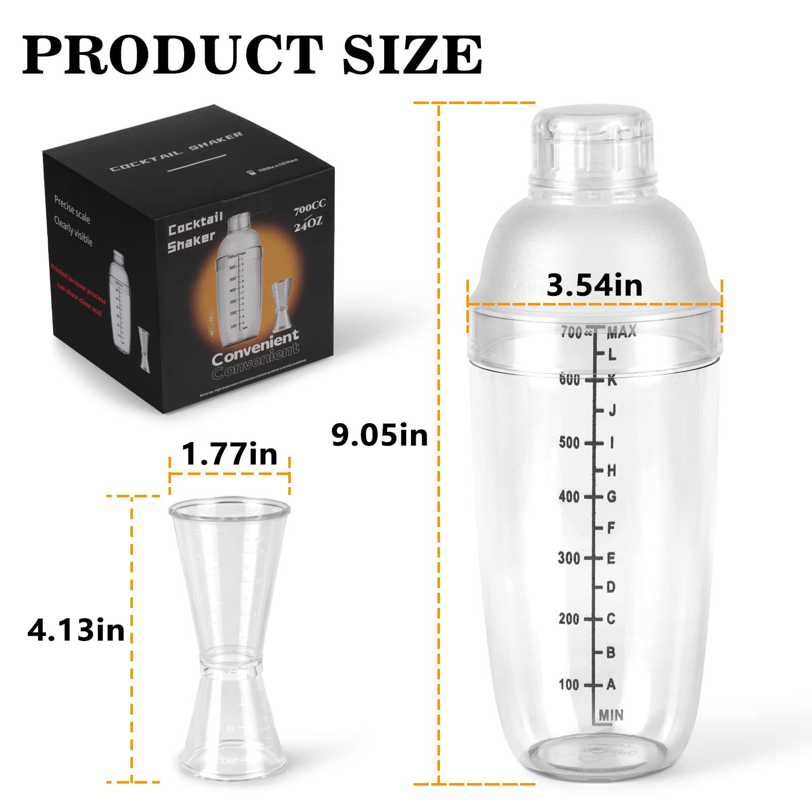 Plastic Cocktail Shaker 4 Pack 24oz Drink Mixer Gift Boxed With 4 Pack Ounce Cup Clear Bar Set