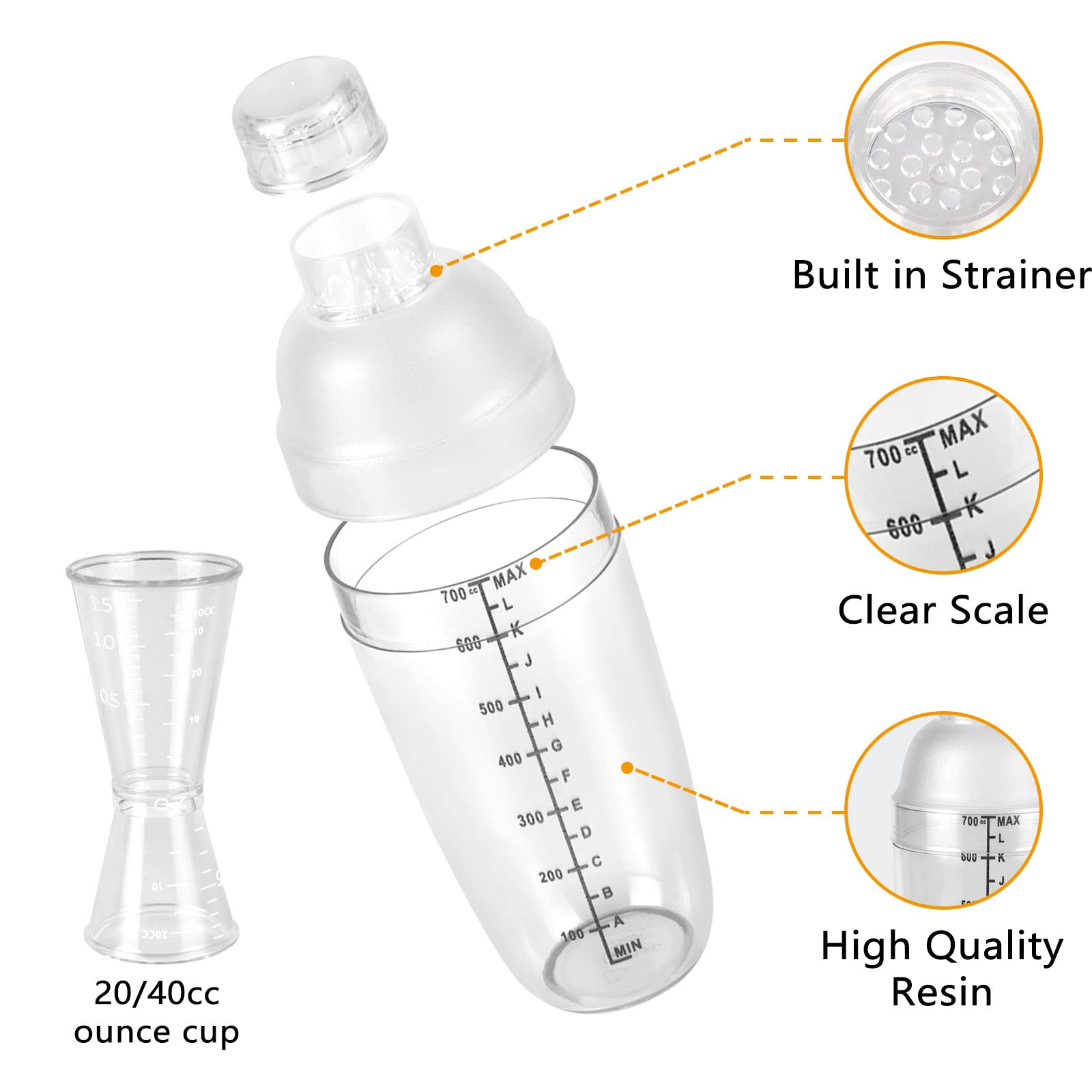 Plastic Cocktail Shaker 4 Pack 24oz Drink Mixer Gift Boxed With 4 Pack Ounce Cup Clear Bar Set