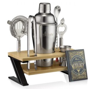 rocksly mixology bar set premium bartender kit, zig-zag tool stand, 18 oz cocktail shaker, strainer, jigger, spoon, tongs, bottle opener, recipe book