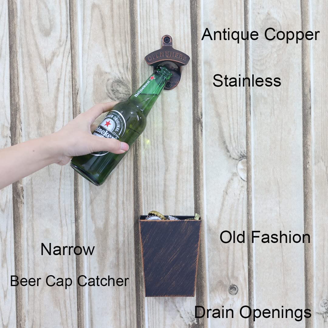 Jumiok Old Style Beer Cap Opener Wall Mounted Bottle Opener with Cap Catcher Stainless Drainage (Aged Copper)