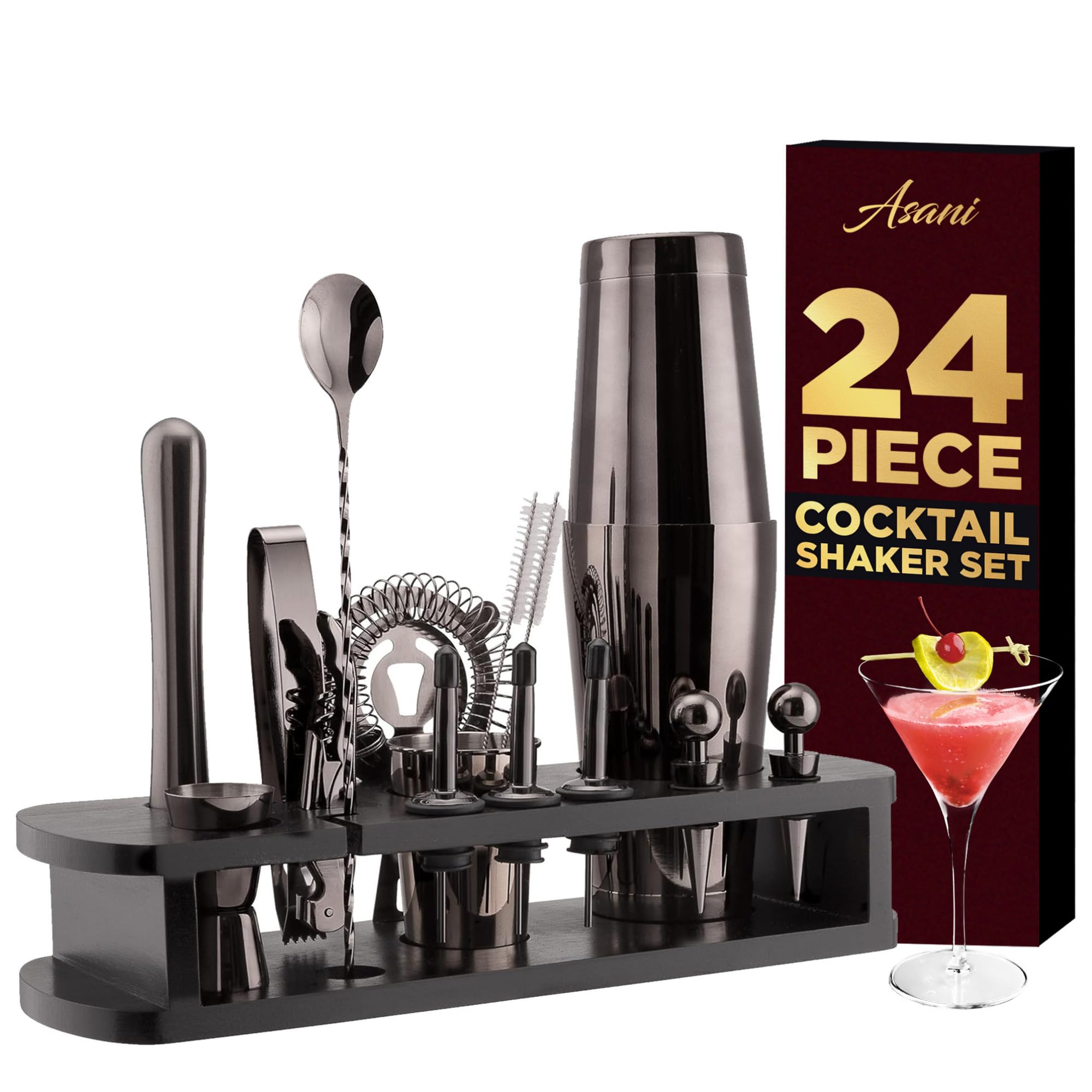 Cocktail Shaker Set Bartender Kit - 24-Piece Home Bartending Kit with Stand and Recipe Booklet - Includes Cocktail Mixer, Corkscrew, Hawthorne Strainer, Double Jigger and More Bartender Tools