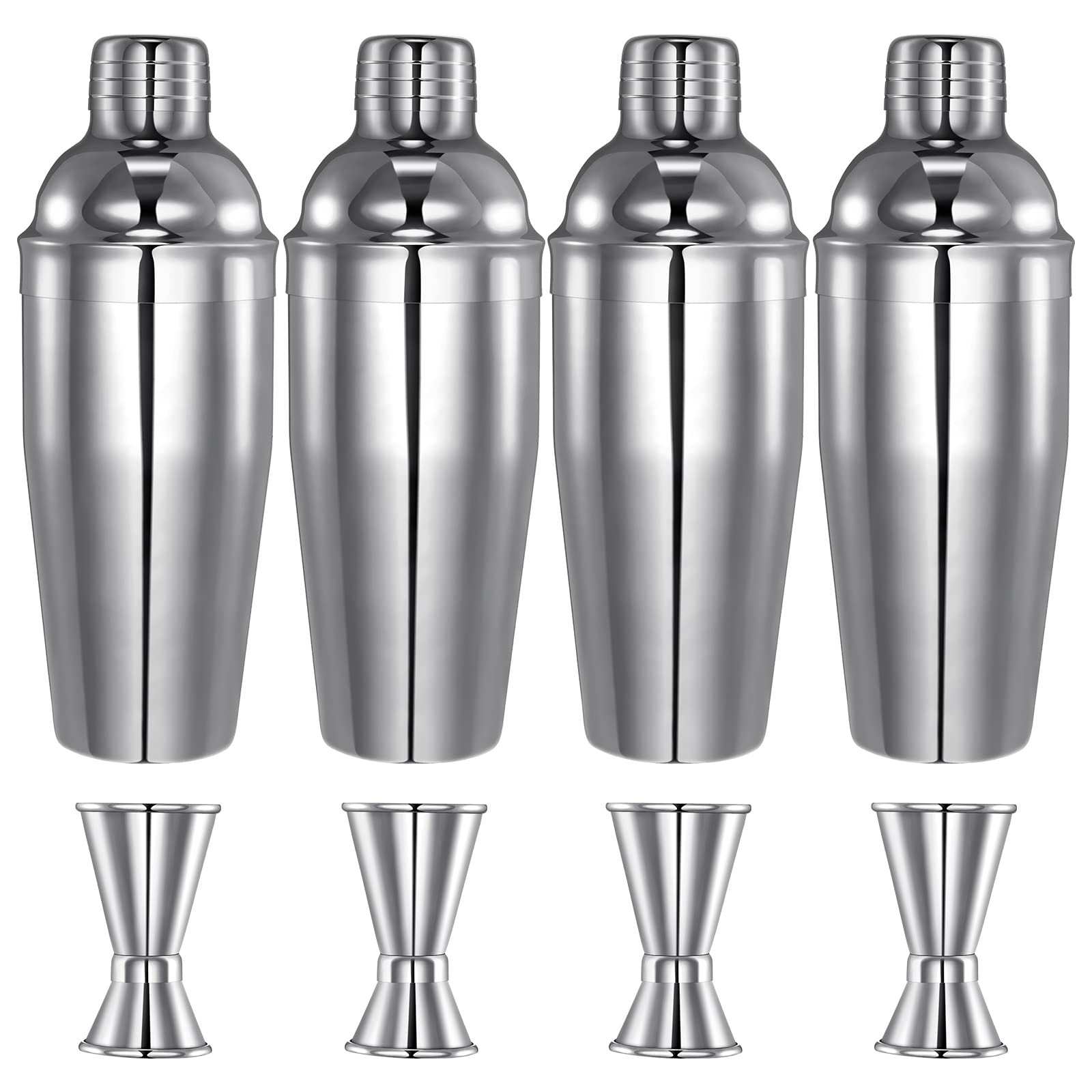 4 Packs Cocktail Shaker Set Martini Shaker Bulk Stainless Steel Martini Mixer with Strainer Drink Shaker with Double Measuring Jigger for Bar Party Home Use Wine Shaker Bar Mixing Tool (25 oz/ 750 ml)