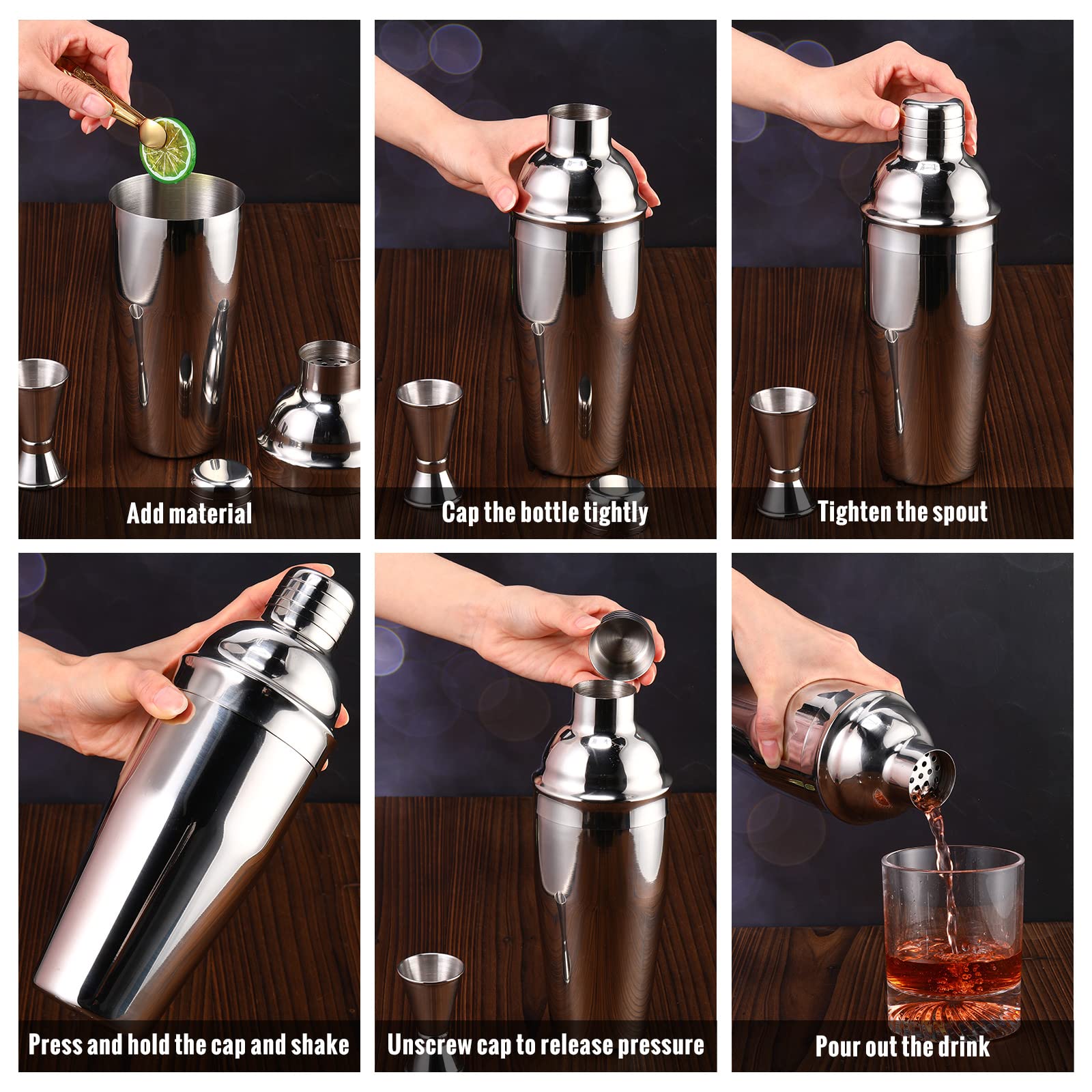 4 Packs Cocktail Shaker Set Martini Shaker Bulk Stainless Steel Martini Mixer with Strainer Drink Shaker with Double Measuring Jigger for Bar Party Home Use Wine Shaker Bar Mixing Tool (25 oz/ 750 ml)