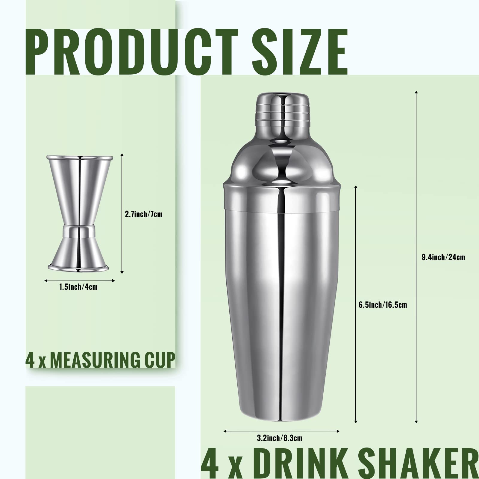 4 Packs Cocktail Shaker Set Martini Shaker Bulk Stainless Steel Martini Mixer with Strainer Drink Shaker with Double Measuring Jigger for Bar Party Home Use Wine Shaker Bar Mixing Tool (25 oz/ 750 ml)