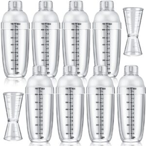 10 pcs plastic cocktail shaker set, including 8 pcs 24 oz clear drink shaker drink mixer boba tea shaker 2 pcs cocktail jigger plastic double measuring jigger for bar coffee