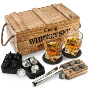 whiskey gifts for men, whiskey stones gift set，10 oz whiskey glasses set of 2 + man crates, scotch bourbon gifts for him husband dad birthday/anniversary/father's day