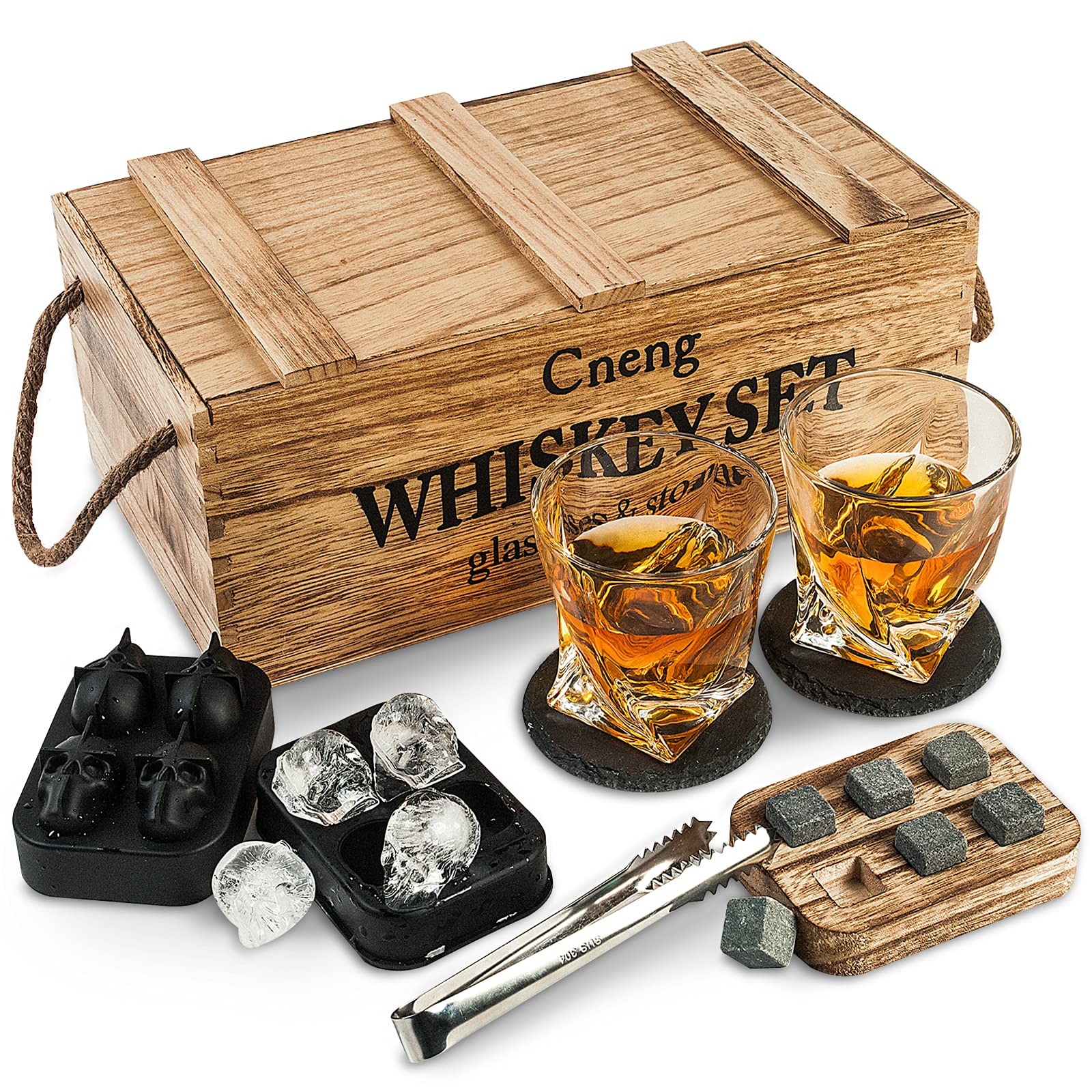 Whiskey Gifts for Men, Whiskey Stones Gift Set，10 OZ Whiskey Glasses Set of 2 + Man Crates, Scotch Bourbon Gifts for Him Husband Dad Birthday/Anniversary/Father's Day