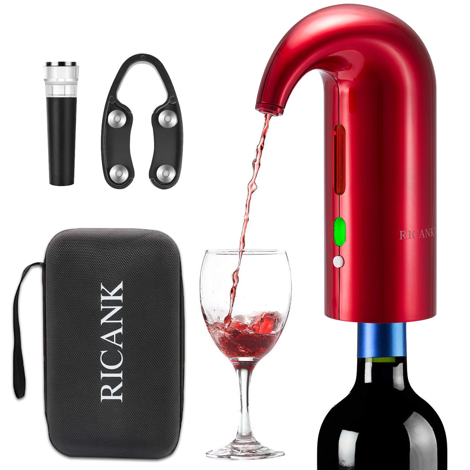 RICANK Electric Wine Aerator Pourer with Hard EVA Case, Portable One-Touch Wine Decanter and Wine Oxidizer Dispenser Pump for Red and White Wine Multi-Smart Automatic Rechargeable Spout Pourer Red