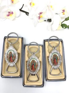 12 pcs our lady of guadalupe favor baptism first communion memory gift silver keychains with bottle opener /recuerdos de mi bautizo/primera comunion nuestra virgen de guadalupe llaveros