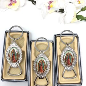 12 PCS Our Lady of Guadalupe Favor Baptism First Communion Memory Gift Silver Keychains With Bottle Opener /Recuerdos De Mi Bautizo/Primera Comunion Nuestra Virgen De Guadalupe Llaveros