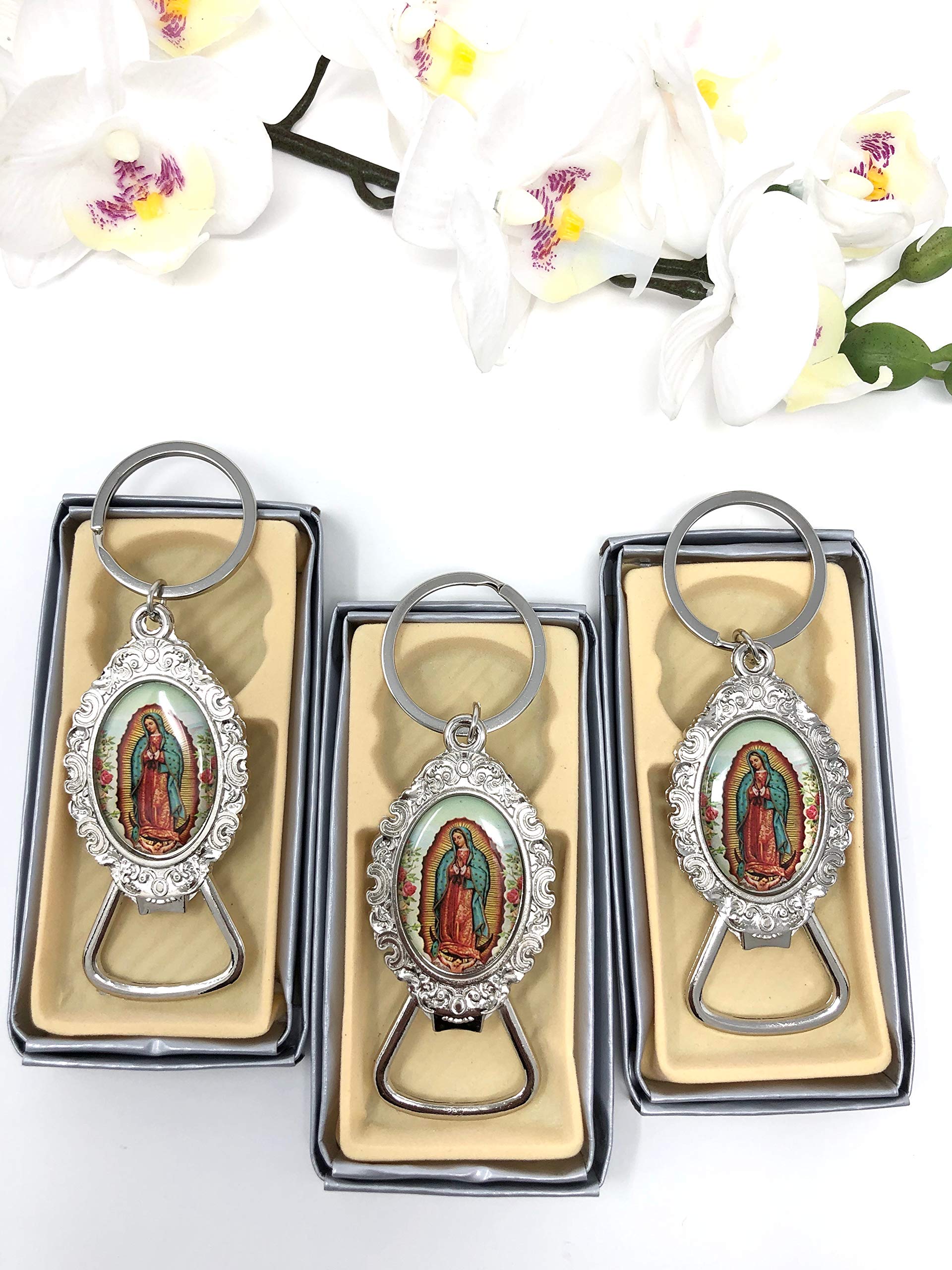 12 PCS Our Lady of Guadalupe Favor Baptism First Communion Memory Gift Silver Keychains With Bottle Opener /Recuerdos De Mi Bautizo/Primera Comunion Nuestra Virgen De Guadalupe Llaveros