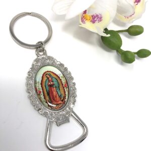 12 PCS Our Lady of Guadalupe Favor Baptism First Communion Memory Gift Silver Keychains With Bottle Opener /Recuerdos De Mi Bautizo/Primera Comunion Nuestra Virgen De Guadalupe Llaveros