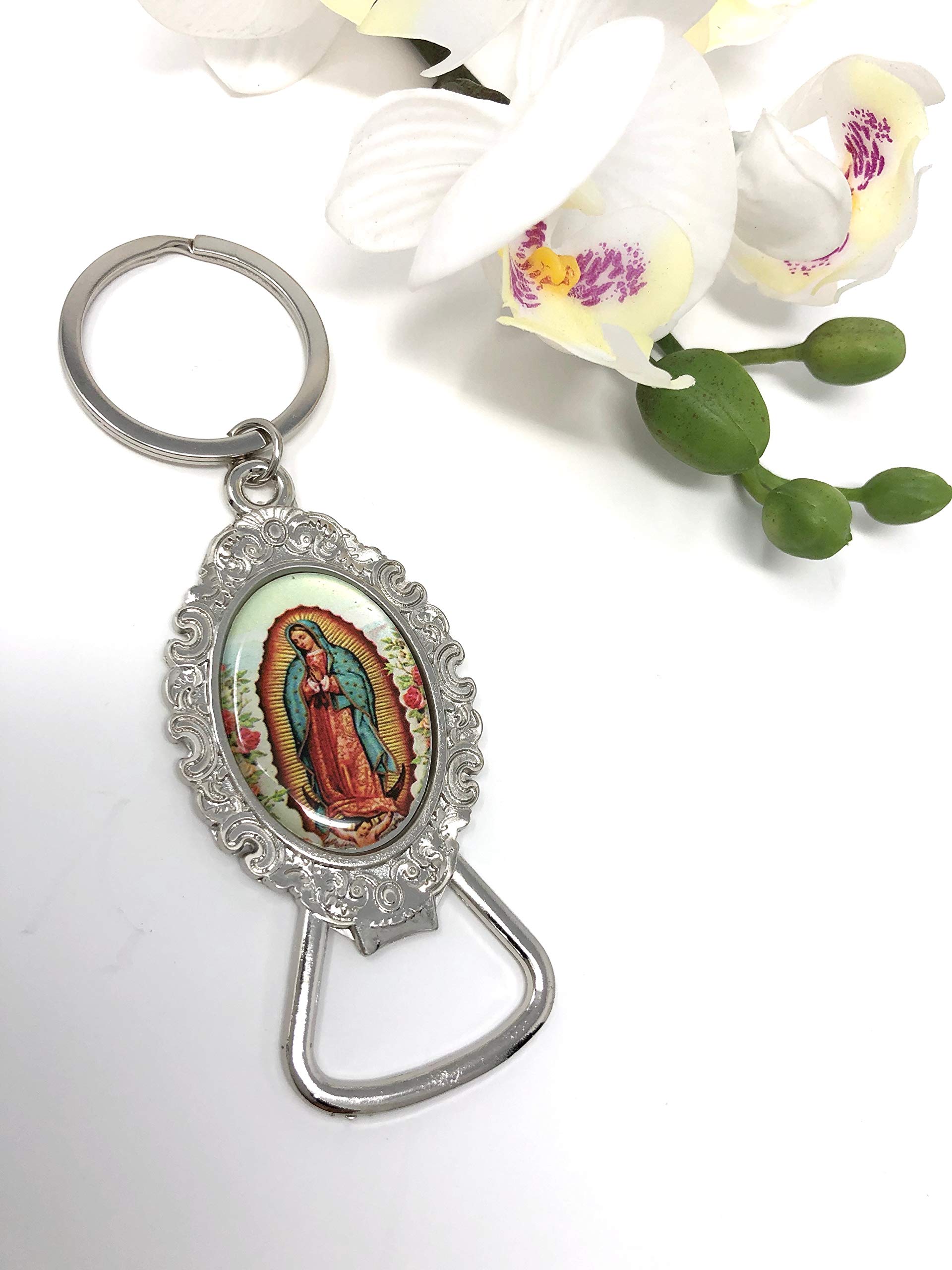 12 PCS Our Lady of Guadalupe Favor Baptism First Communion Memory Gift Silver Keychains With Bottle Opener /Recuerdos De Mi Bautizo/Primera Comunion Nuestra Virgen De Guadalupe Llaveros