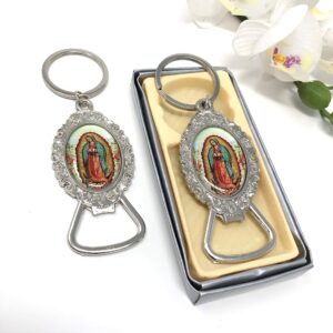 12 PCS Our Lady of Guadalupe Favor Baptism First Communion Memory Gift Silver Keychains With Bottle Opener /Recuerdos De Mi Bautizo/Primera Comunion Nuestra Virgen De Guadalupe Llaveros