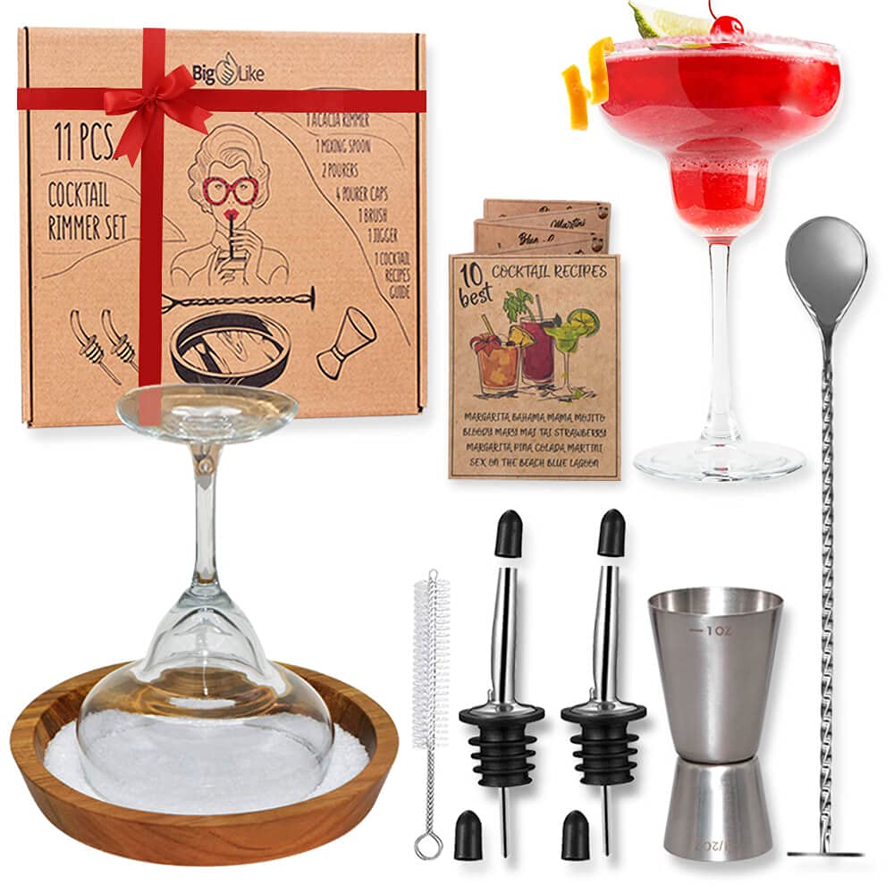 Margarita Salt Rimmer Set – 11 Pcs: 1 Large Acacia Wood Glass Rimmer Dish, 1 Double Jigger, 1 Mixing Spoon,2 Pourers, 4 Caps, 1 Brush. Cocktail Rimmer Set with 7.1" Wide Margarita Rimmer Tray