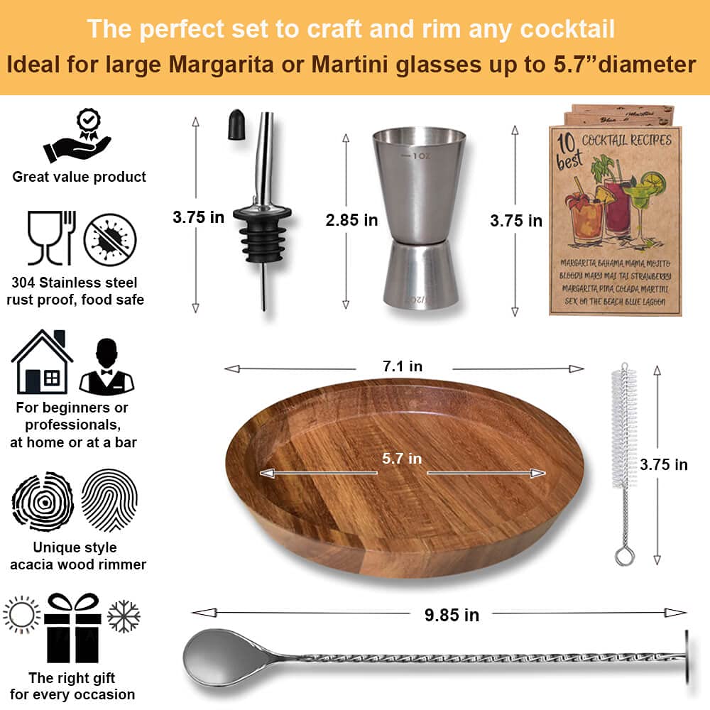 Margarita Salt Rimmer Set – 11 Pcs: 1 Large Acacia Wood Glass Rimmer Dish, 1 Double Jigger, 1 Mixing Spoon,2 Pourers, 4 Caps, 1 Brush. Cocktail Rimmer Set with 7.1" Wide Margarita Rimmer Tray