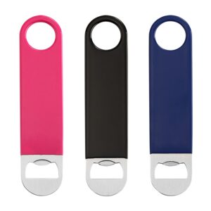 qll 3 pack 7" heavy duty flat bottle opener, pink black blue stainless steel beer opener