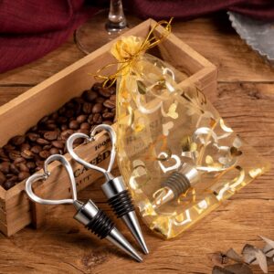 50 Pieces Heart Shaped Wine Stopper Wedding Favors for Guests Love Beverage Bottle Stopper with 50 Pieces Golden Organza Bags for Engagement Souvenir Gifts Bridal Shower Party Supplies