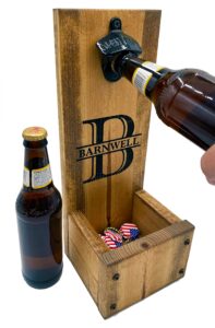 bottle opener with dropbox cap catcher - wall mount or freestanding - laser engraved - personalized christmas gift idea for men rustic wood groomsmen gift sets, wedding and anniversary presents