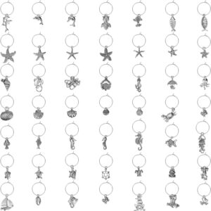 50 Piece Beach Themed Wine Glass Charms with 50 Pieces Hanging Rings and 2 Pieces Buckles for Tasting Party Decoration Supplies, 102 Pieces Totally