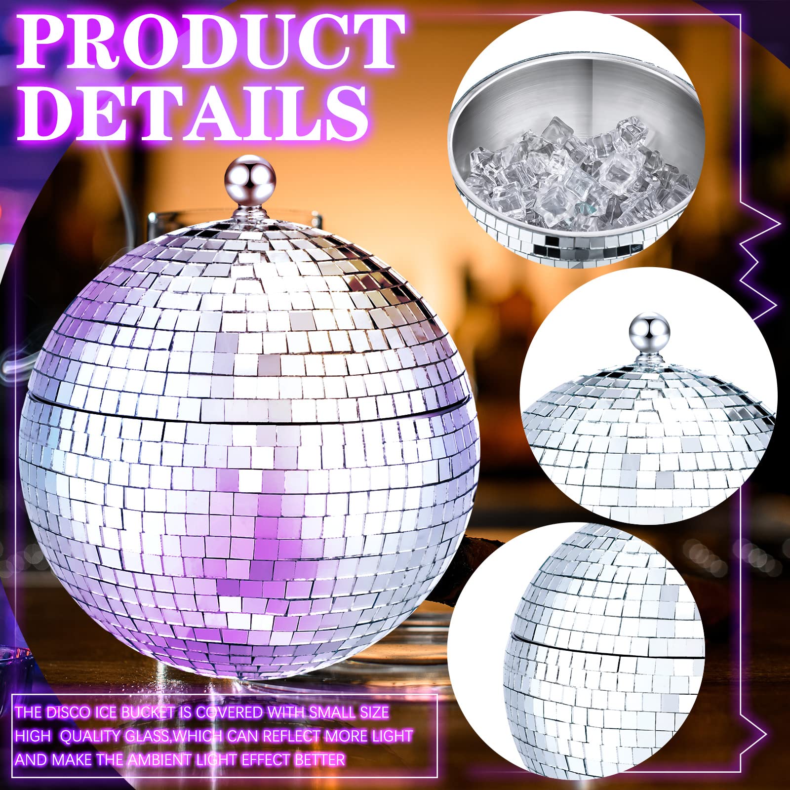 Hoolerry 2L Disco Ice Bucket Ice Storage with Lid Ice Barrel Trendy Double Insulated Stainless Steel Bucket 70s 80s 90s Theme Disco Party Supplies Kitchen Bar Stuff Retro Party Accessories