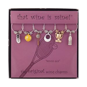 supreme housewares 6-piece wine charms/wine glass tags/drink markers for stem glasses, wine tasting party (tennis ace)